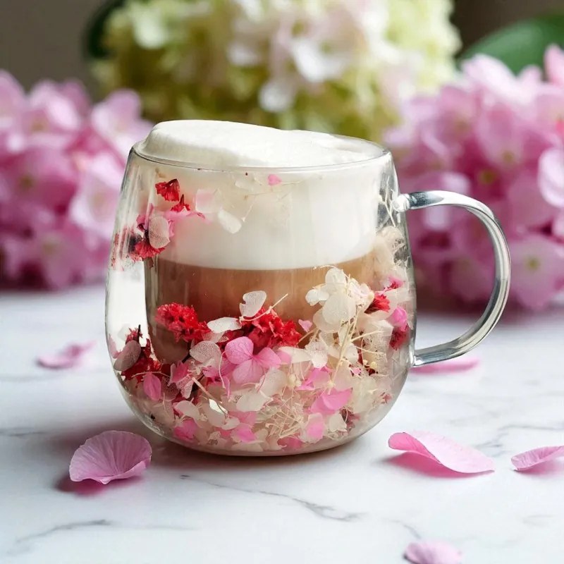 Flamenco Mystique Termální sklo s květinami gypsophila hortenzie růže 350 ml 1 ks dekorace do bytu 182 SZK