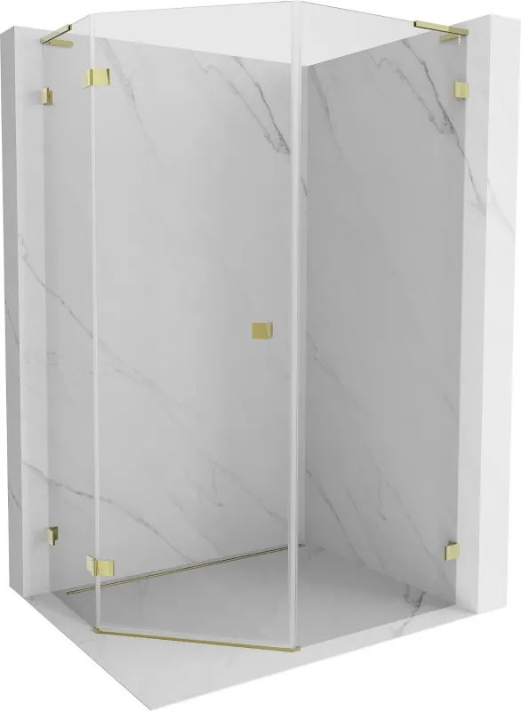 Mexen Lunar, L pětiúhelníkový sprchový kout naklápěcí doleva 90 x 100 cm, 8mm čiré sklo, zlatý profil, 831L-090L-100P-50-00-L