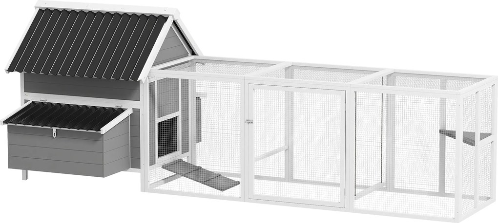 PawHut dřevěný kurník s výběhem, 283 × 133,5 × 112 cm – pro 7–10 slepic, 2 hnízdní boxy, bidýlka a houpačka, šedý | Aosom