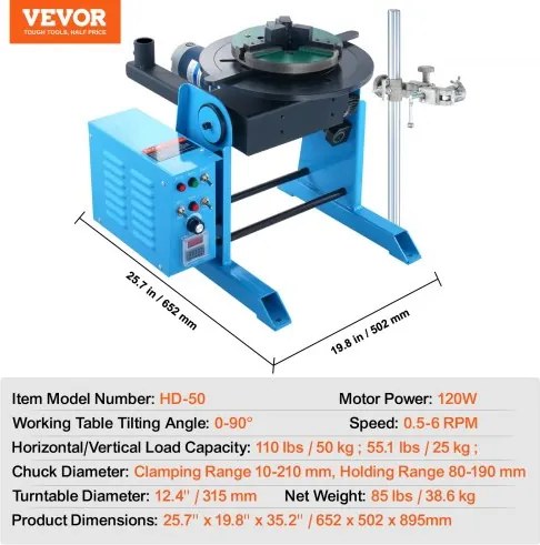 50 KG rotační svařovací polohovač 0-90° polohovací otočný stůl 0,5-6RPM
