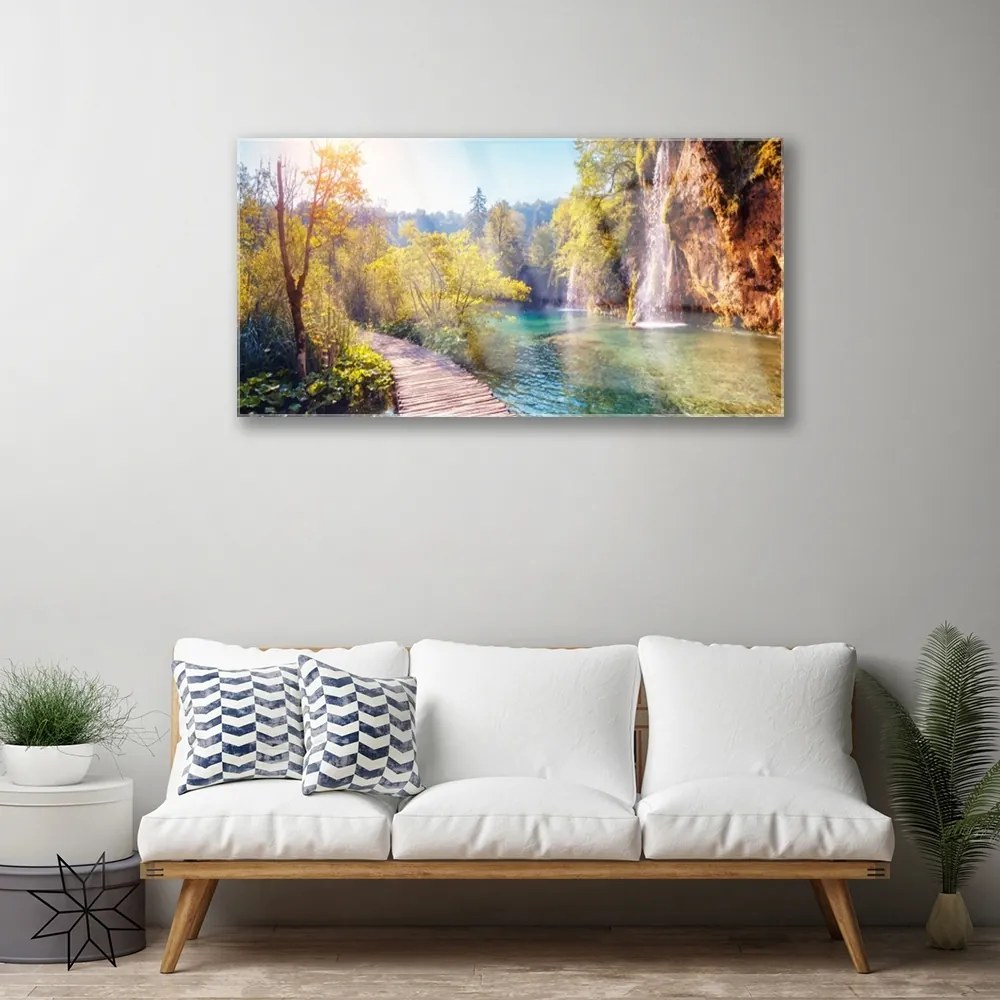 Obraz na skle Jezero Krajina Vodopád 140x70 cm