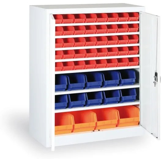 Skříň s plastovými boxy BASIC - 1150 x 400 x 920 mm, 32xA/12xB/4xC, šedá/modré dveře