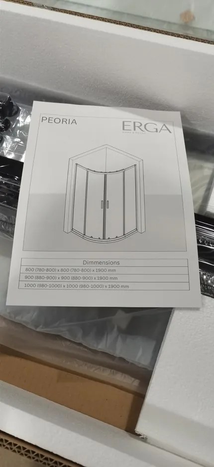Erga Peoria, čtvrtkruhový sprchový kout s posuvnými dveřmi 90(dveře) x 90(stěna) x 190 cm, 6mm čiré sklo, černý profil, ERG-Q02-PEORIA-D090D090-CL-BK