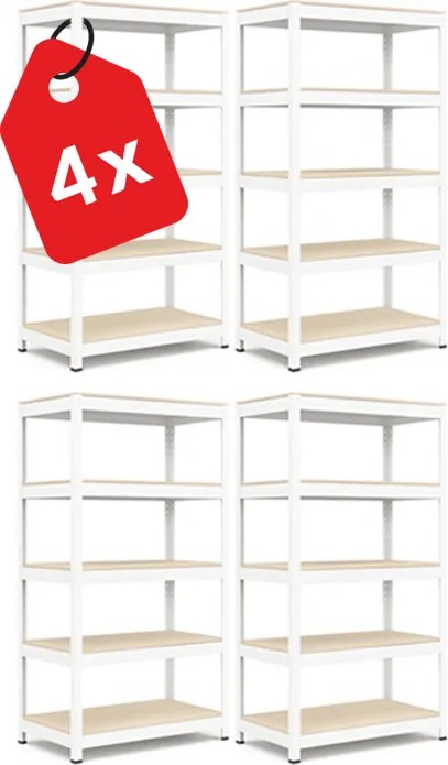 Regál 183x90x30 cm lakovaný 5-policový, nosnost 1000 kg, RIVET - bílý - 4ks