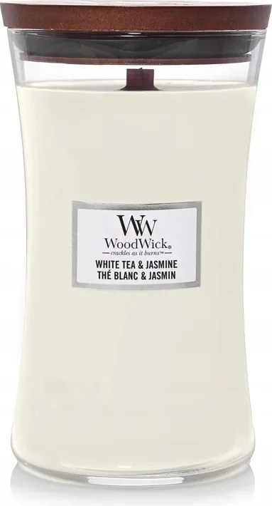 WoodWick vonná svíčka s dřevěným knotem velká White Tea & Jasmine 609 g