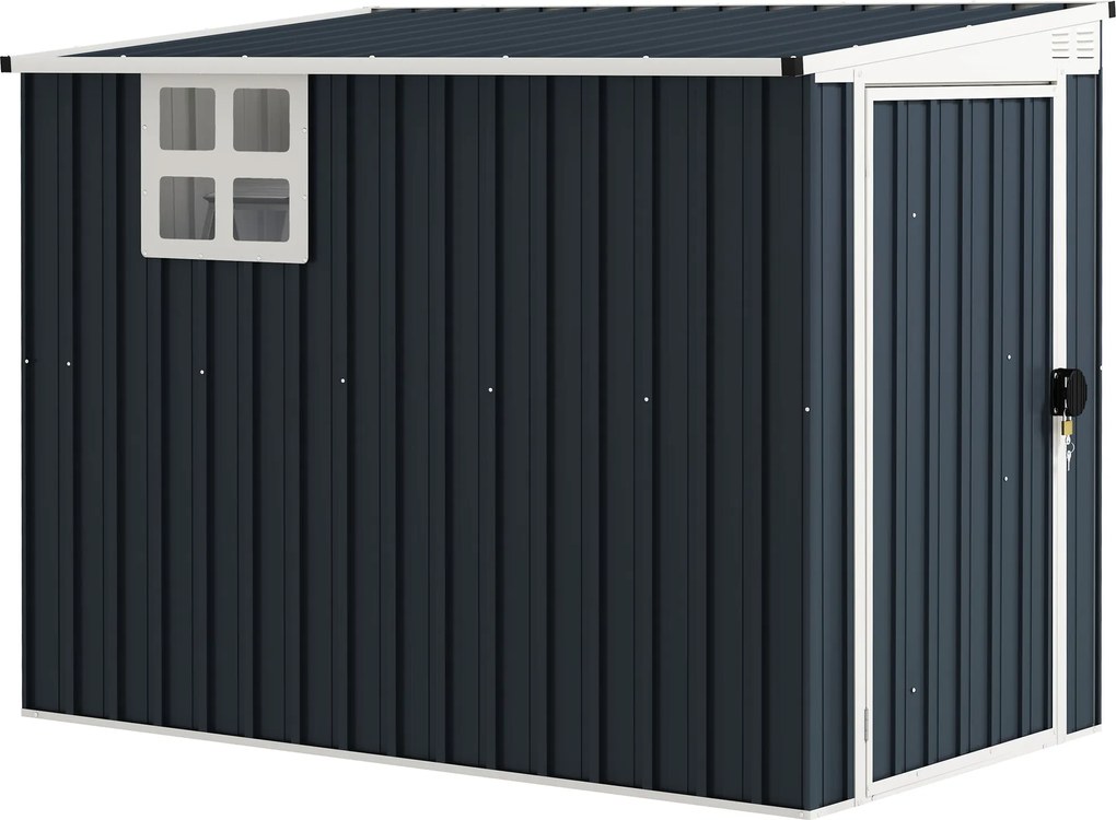 Outsunny Kovová Kůlna na Nářadí 2.7m² 128x231x181cm Se Šikmou Střechou, Okno, Zámek, Voděodolná Exteriérová Kůlna pro Zahradní Prostor Tmavě Šedá | Ao