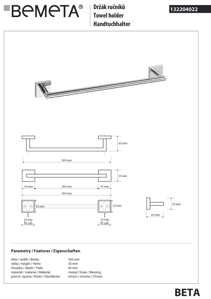 Bemeta Design BETA: Držák ručníků, 450 mm -