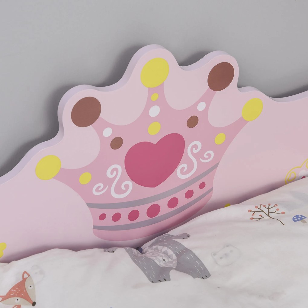 Dětská postel HOMCOM pro děti od 3 let, 143x73x60 cm, dřevěná postel s potiskem korunky, nosnost 50 kg, růžová
