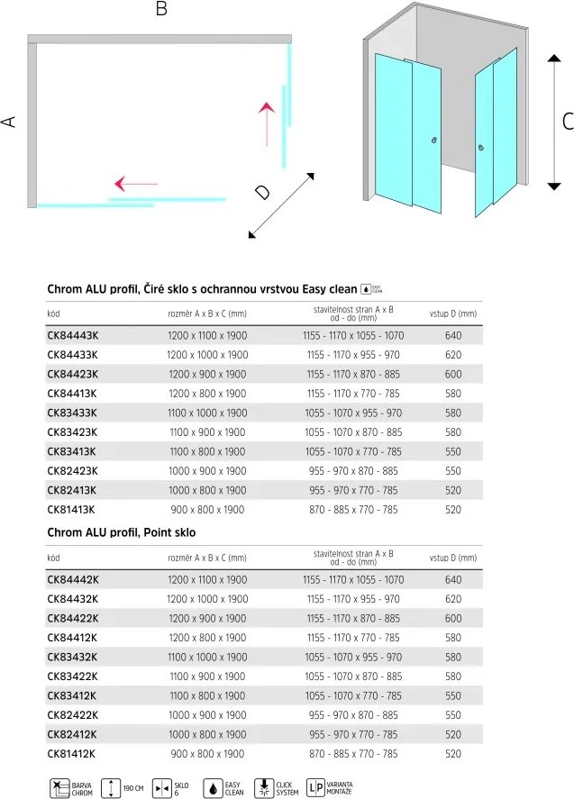 Mereo Mereo, Sprchový kout, LIMA, obdelník, chrom ALU, sklo Čiré, CK84443K