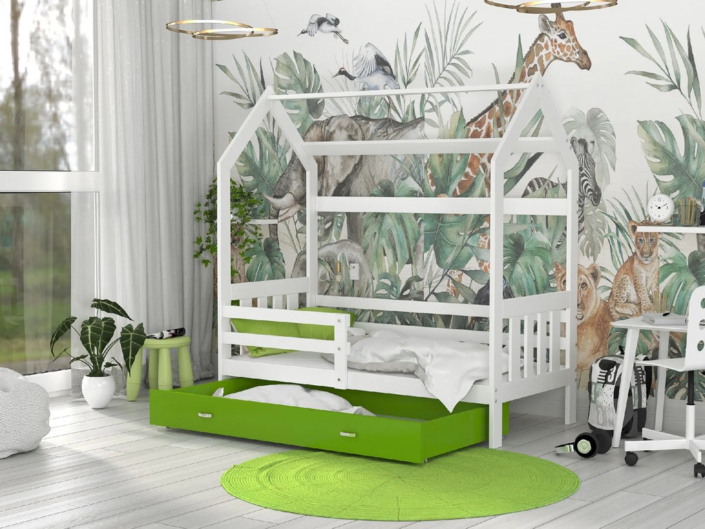 BabyBeds Dětská postel domeček se zábranou a úložným prostorem bílá Velikost postele: 190x80 cm, Barva šuplíku: Růžová