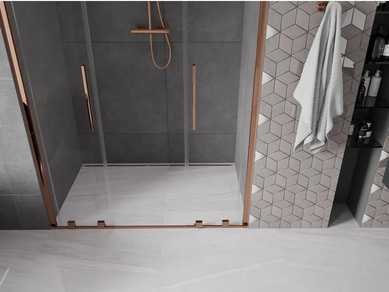 Mexen Velar L Duo, posuvné sprchové dveře do otvoru 160 cm, 8mm čiré sklo, růžové zlato, 871-160-003-02-60