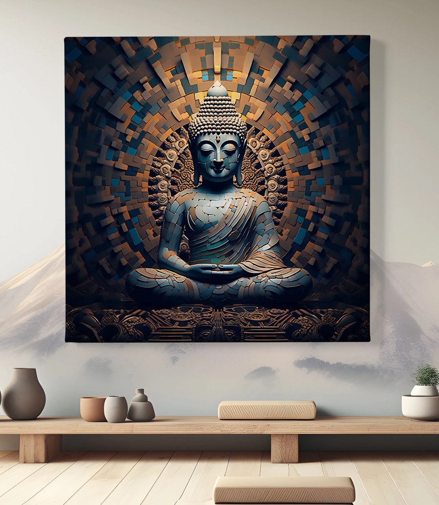 Obraz na plátně - Sedící buddha kostičková zeď FeelHappy.cz Velikost obrazu: 80 x 80 cm