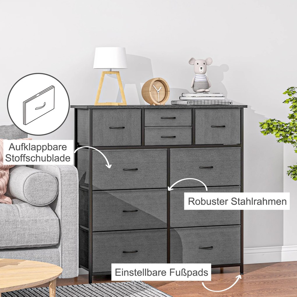 HOMCOM komoda s 10 skládacími látkovými zásuvkami moderní příborník do obývacího pokoje ložnice z oceli černý