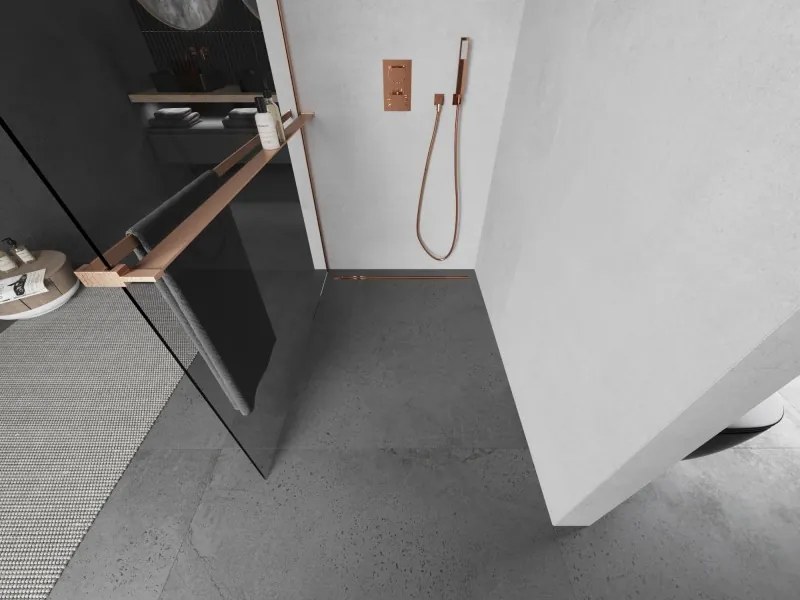 Mexen Kioto+, sprchová zástěna Walk-In s poličkou a věšákem 130 x 200 cm, 8mm čiré sklo, měděný matný profil, 800-130-121-65-00