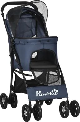 PawHut vozík pro psy, kočárek pro psy do 10 kg, skládací, spodní koš, polštář, boční kapsa, 81 cm x 48 cm x 99 cm, námořnická modrá