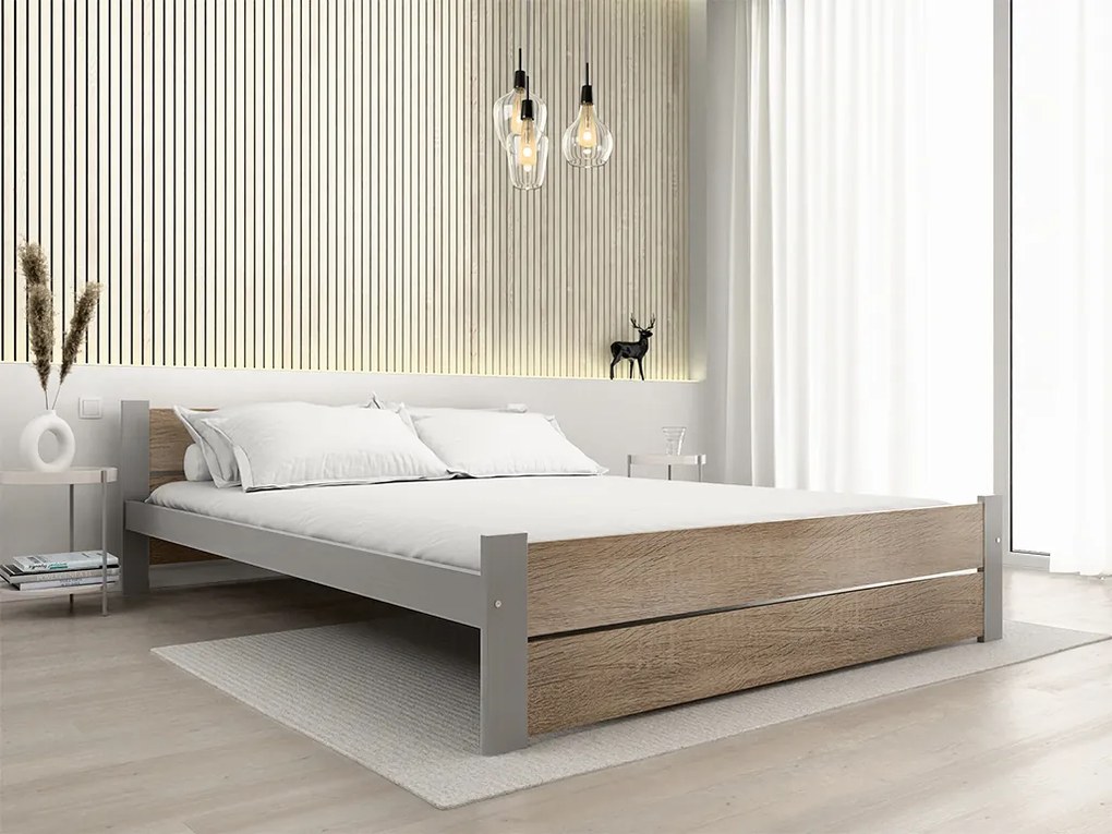 Postel IKAROS DOUBLE 180 x 200 cm, dub sonoma/šedá Matrace: Matrace Deluxe 10 cm, Rošt: S laťkovým roštem