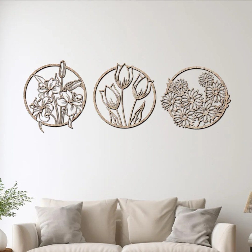 dřevo života Dřevěné dekorace na zeď KVĚTINY V KRUHU Barevný vzor: Horský dub, Rozměry Ø: 80