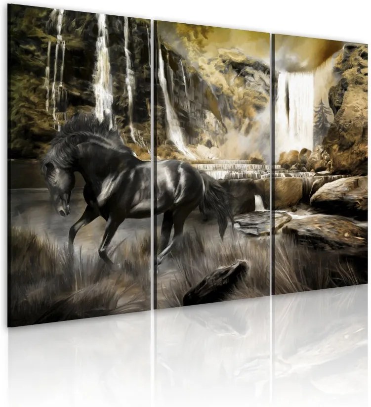 Obraz na plátně Bimago - Black horse and rocky waterfall 60x40 cm
