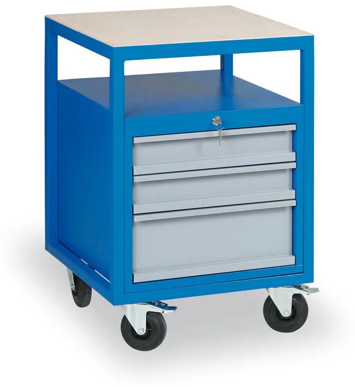 Pojízdný dílenský vozík na nářadí k pracovním stolům do dílny GD, 3 zásuvky, 575 x 600 x 850 mm, modrá