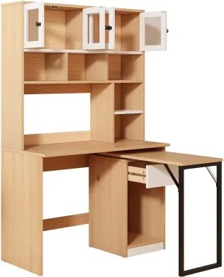 Aosom Počítačový stůl 110x55 cm s vysokou skříní, kompaktní psací stůl s úložným prostorem, otočný, přírodní barva+bílá