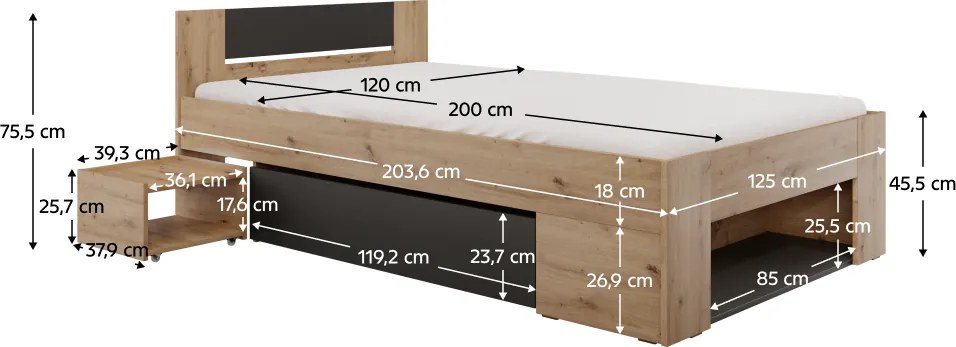 Postel s úložným prostorem, 120x200, dub artisan/antracit, UNIS