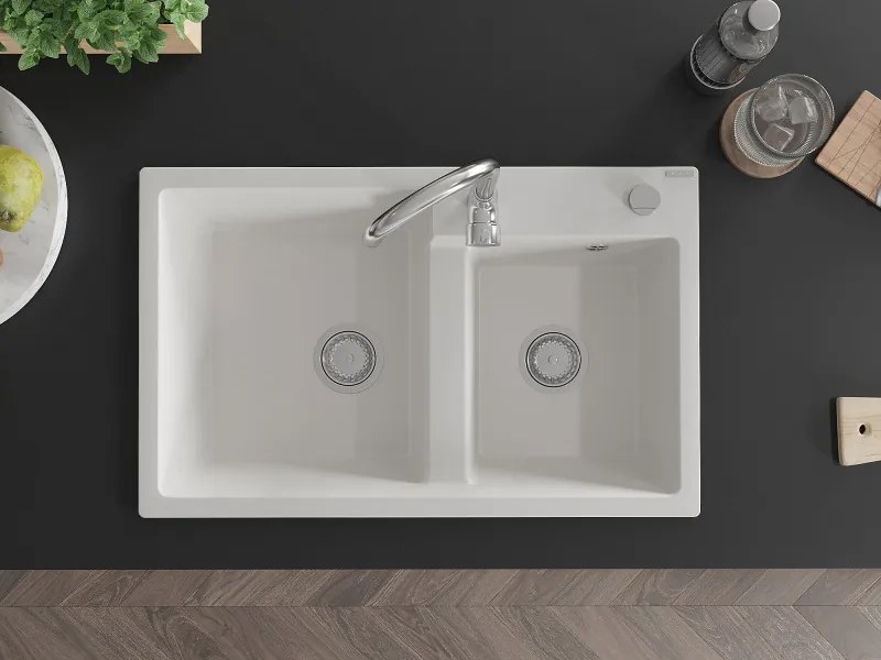 Mexen Tomas, granitový dřez 800x500x190 mm, 2-komorový, bílá, 6516802000-20