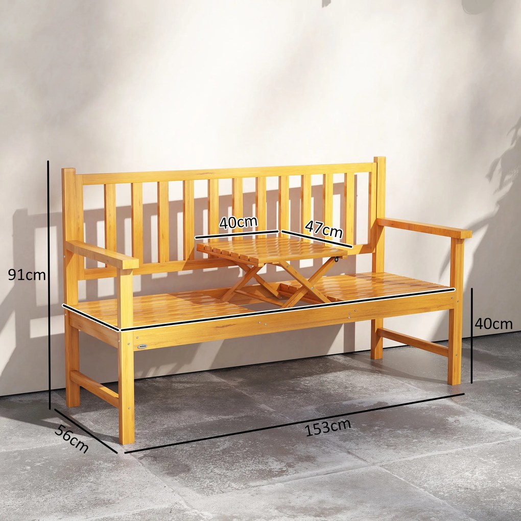 Outsunny zahradní lavice 3místná lavice stůl područka dřevěná lavice do 280 kg balkon terasa světle hnědá 153x56x91cm | Aosom