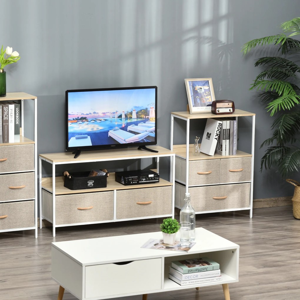HOMCOM Úložná Skříň s 3 Textilními Zásuvkami, Policí a Horní Deskou, Malá Boční Skříň - 58D x 29Š x 81,5V cm - Přírodní a Bílý Kov