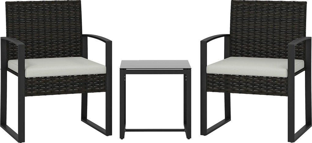 Ratanový bistro set, 3dílná sada zahradního nábytku se 2 zahradními židlemi, konferenčním stolkem, odnímatelnými polštáři krémově bílá