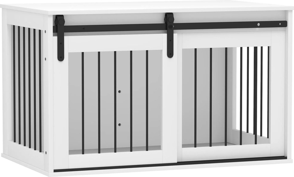 PawHut Psí Kotec s Uzamykatelnými Posuvnými Dveřmi Moderní Kovový Kotec pro Domácnost pro Velké Psy do 30 kg Boční Stolek 98 x 58 x 61 cm Bílá | Aosom