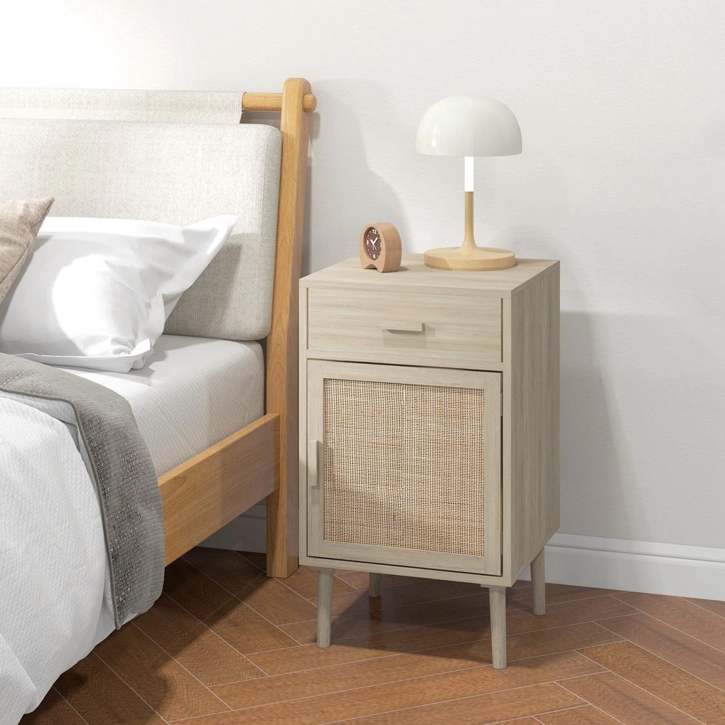 HOMCOM Set 2 nočních stolků s ratanovým šuplíkem a nastavitelnou policí do ložnice nebo obývacího pokoje 40x40x68,5 cm Dub