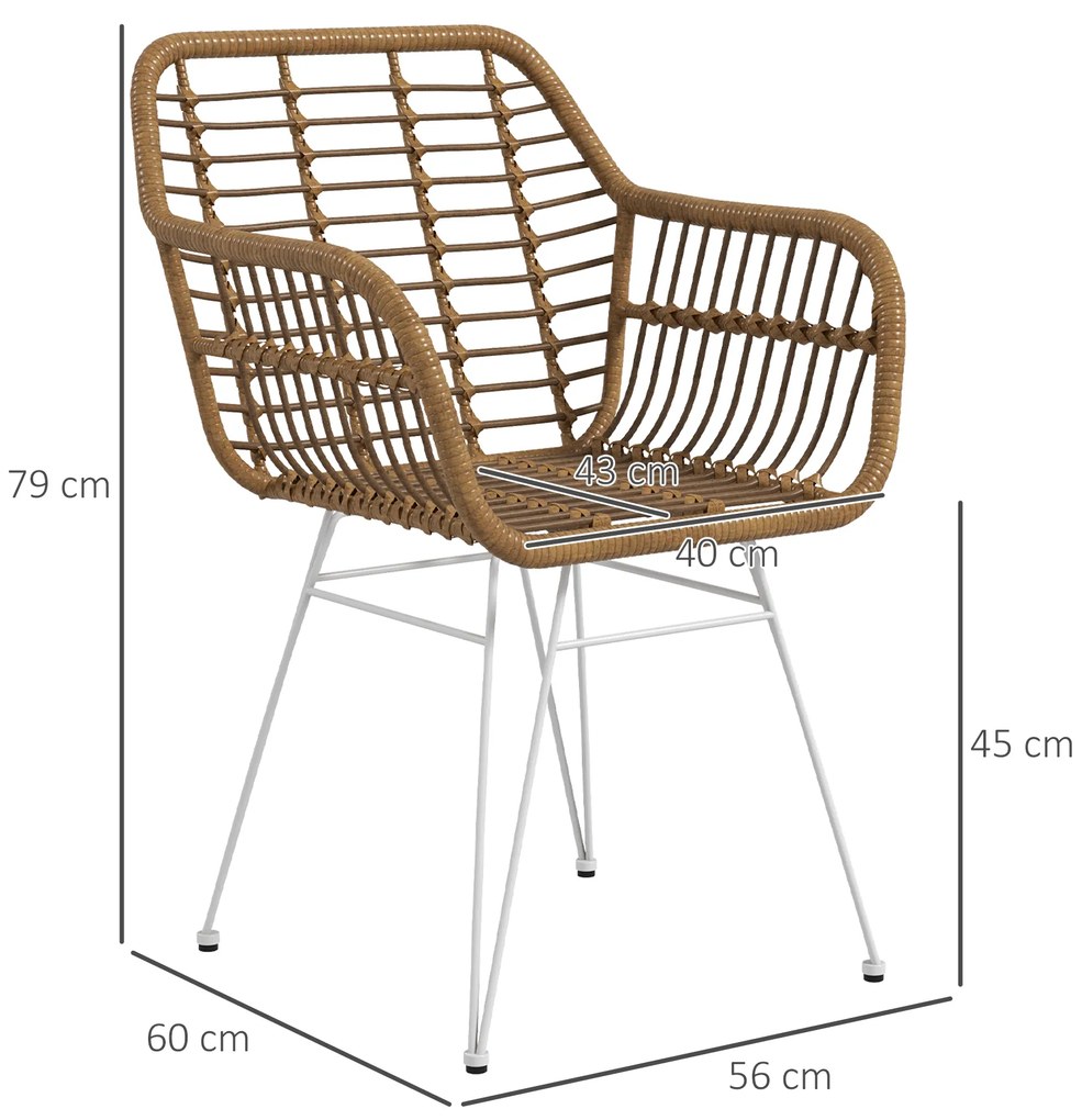 HOMCOM Sada 2 ratanových jídelních židlí, nosnost 120 kg, ergonomické, s opěradlem, ocelové nohy, boho styl, 56 x 60 x 79 cm, přírodní| Aosom