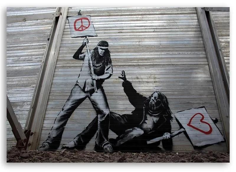 Gario Obraz na plátně Boj za mír s láskou Banksy nástěnná malba Rozměry: 60 x 40 cm