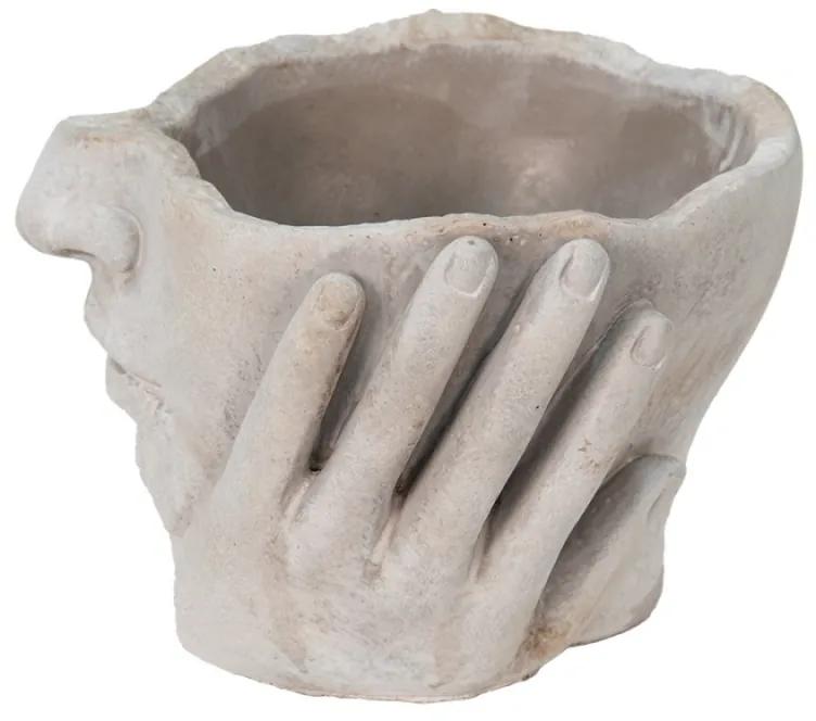 Béžovo-šedý cementový květináč ruce podpírající obličej – 19x19x13 cm