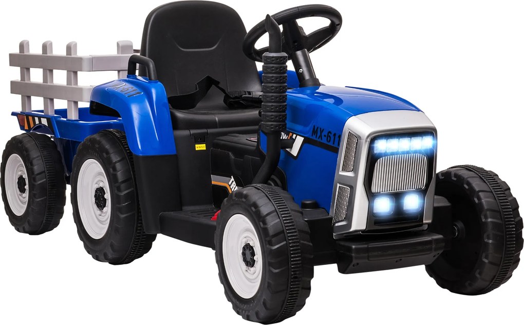 HOMCOM Elektrický dětský traktor s dálkovým ovládáním a přívěsem, MP3 světlomet, 3-6 km/h, pro děti od 3 do 6 let, modrý |