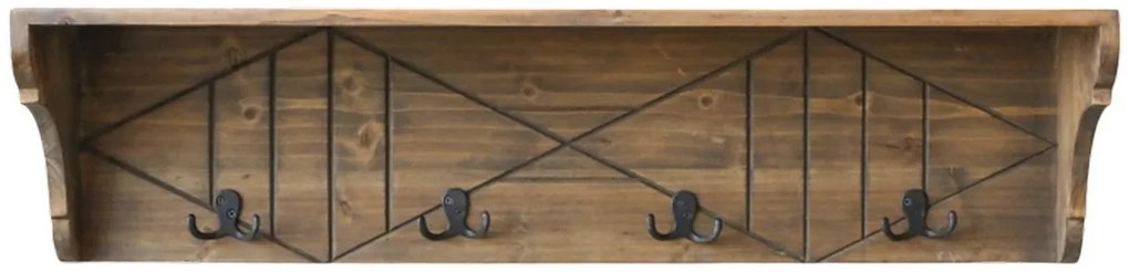 Hnědá antik dřevěná polička se 4 háčky Hooks - 91*20*23 cm