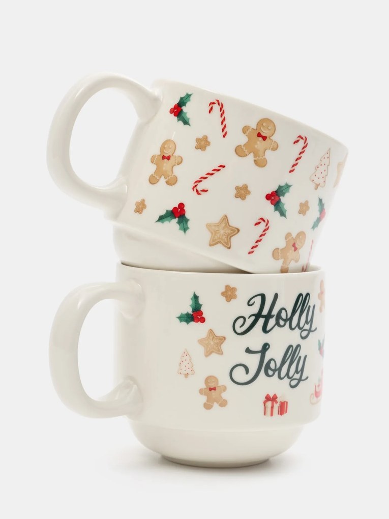 Sinsay - Vánoční keramické hrnky s motivem perníčků a nápisem „Holly Jolly“ 2 ks - vícebarevná