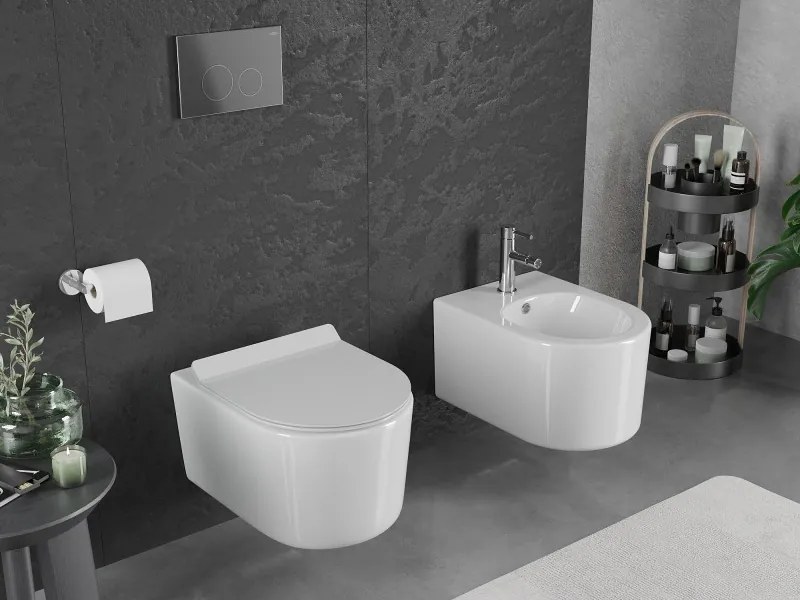 Mexen Sofia, závěsná WC mísa 490x360x355 mm, Rimless Tornádo + WC sedátko z duroplastu, bílá lesklá, 30540100T