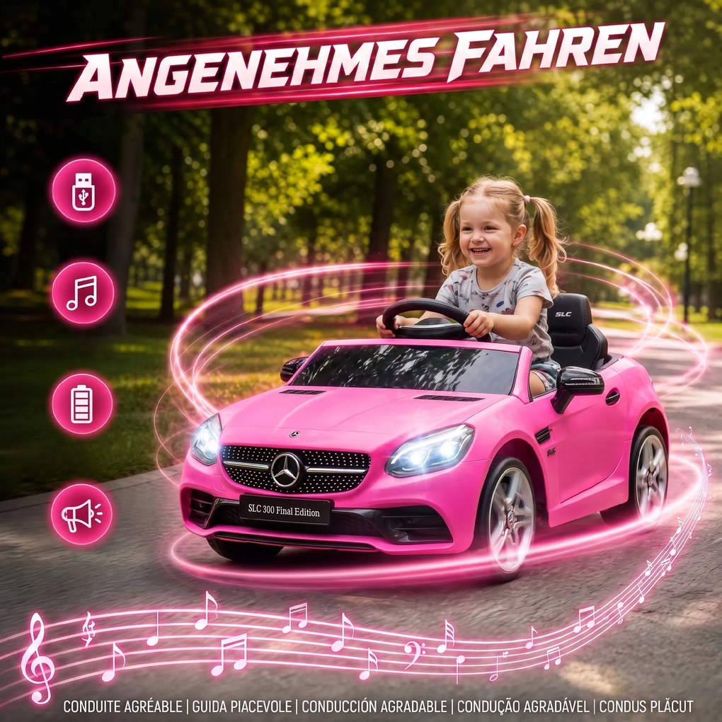 AIYAPLAY Elektrické auto pro děti 3+ let Mercedes SLC 300 12V s dálkovým ovládáním, LED předními světly, klaksonem a hudbou - Růžové