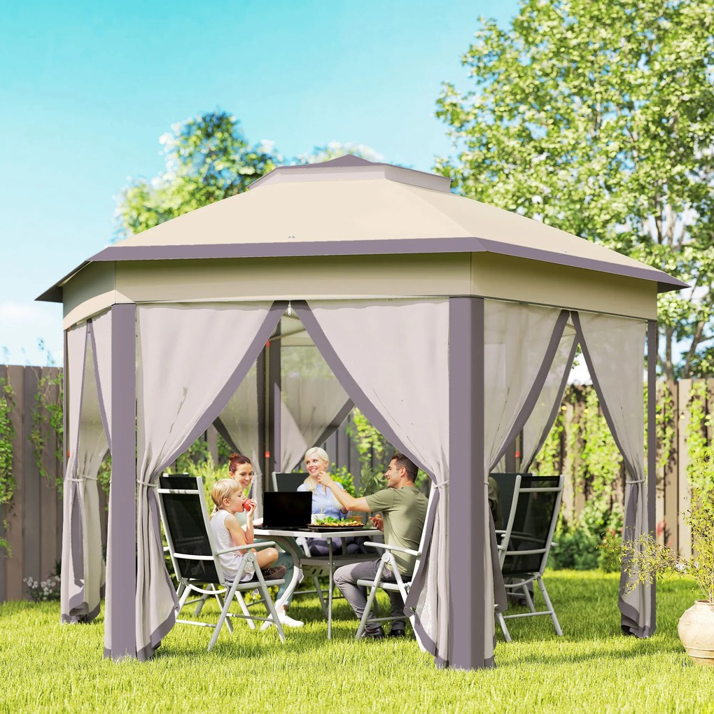 Outsunny zahradní altán skládací altán 4x4m pop-up stan party stan s taškou na přenášení a 6 bočními panely, dvojitá šestihranná střecha v kávové a b…