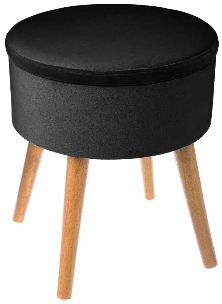 Čalouněný pouf otvor v černé barvě, dřevěná stolička s velurovou sedákem a úložným  prostorem | BIANO