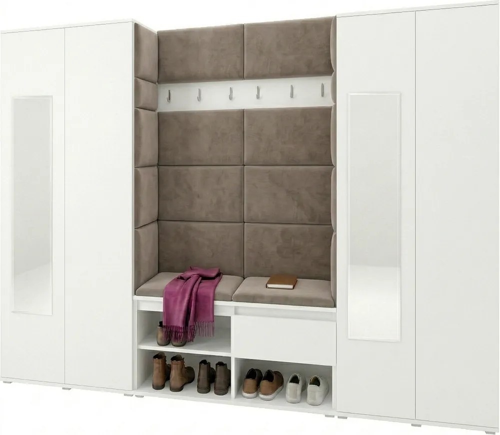 Předsíňová stěna Trinity 10 s čalouněnými panely, 280 cm, bílá / světle béžová