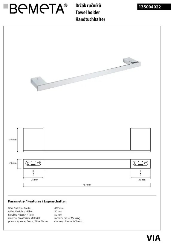 Bemeta Design VIA: Držák ručníků, 410 mm - 135004022