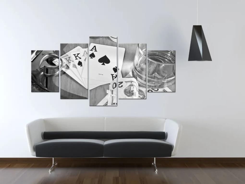 Obraz Pokerová noc (5-dílný) - černobílá zátiší s kartami
