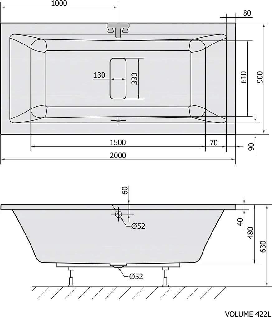 Polysan, MARLENE obdélníková vana 200x90x48cm, bílá, 78731