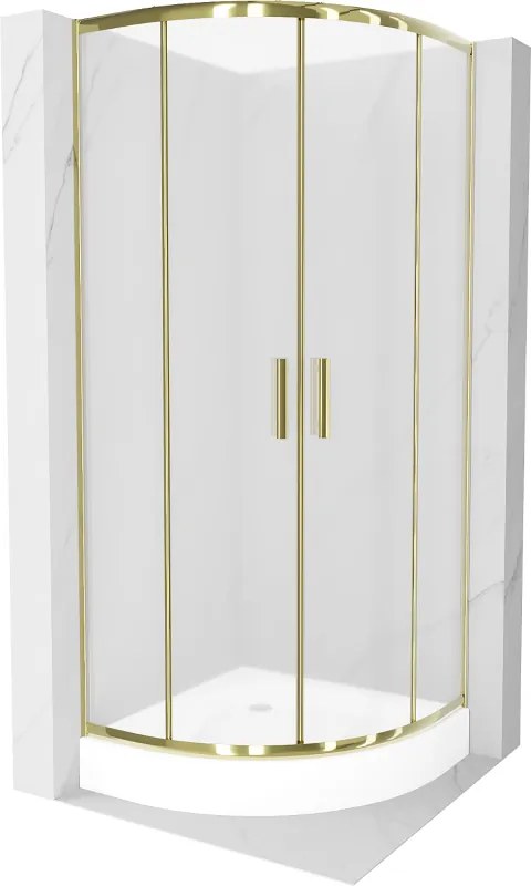 Mexen Rio, čtvrtkruhový sprchový kout s posuvnými dveřmi 80 (dveře) x 80 (dveře) x 190 cm, 5mm sklo námraza, zlatý profil + bílá sprchová vanička RIO, 863-080-080-50-30-4710