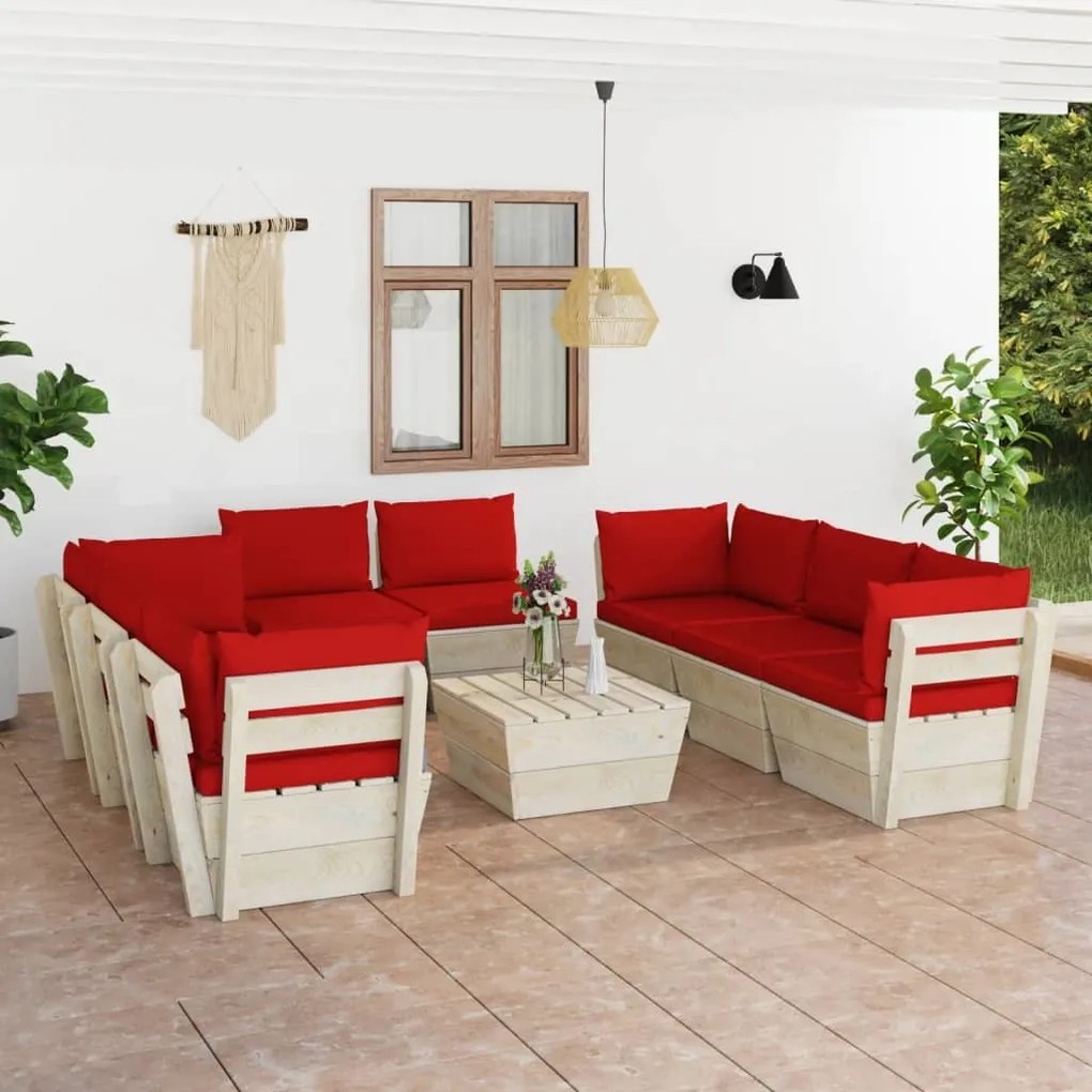 vidaXL 9dílná zahradní sedací souprava z palet + podušky smrkové dřevo [3063651] Barva: Červená