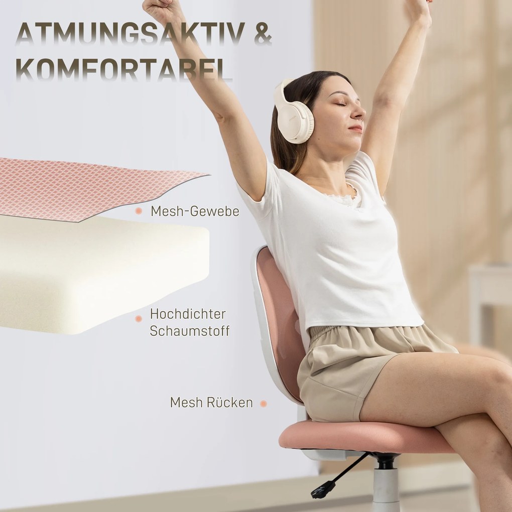 HOMCOM Kancelářská židle, ergonomická židle s C-tvarovanou opěrkou zad, výškově nastavitelná, růžová