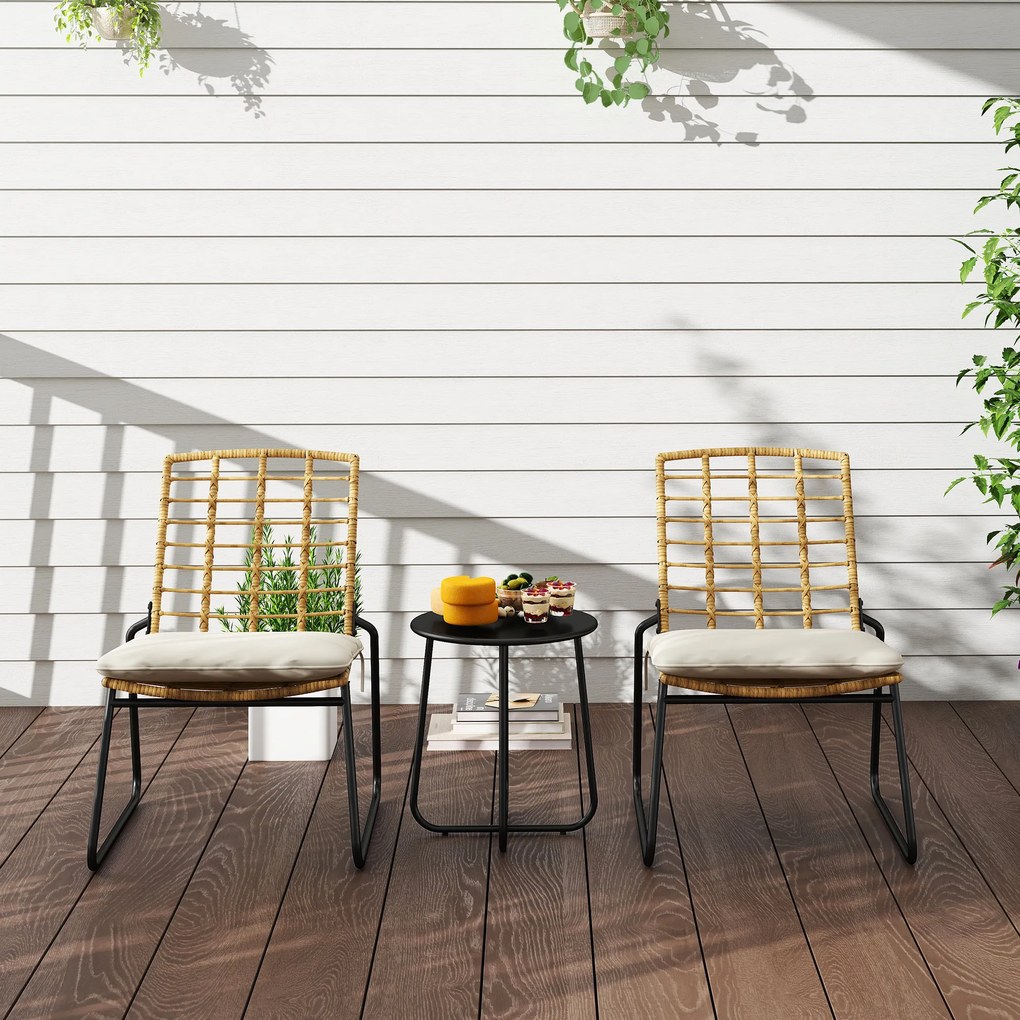 Outsunny 3dílná sada zahradního nábytku, 2 ratanové židle, 1 stůl s kovovou deskou, polštáře na sezení, bistro set, béžová a hnědá barva
