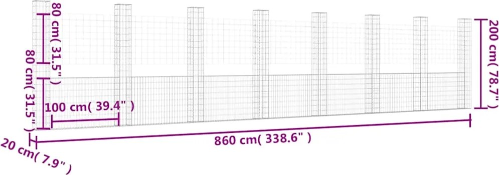 Gabionový koš ve tvaru U s 8 sloupky železo 860 x 20 x 200 cm 151295